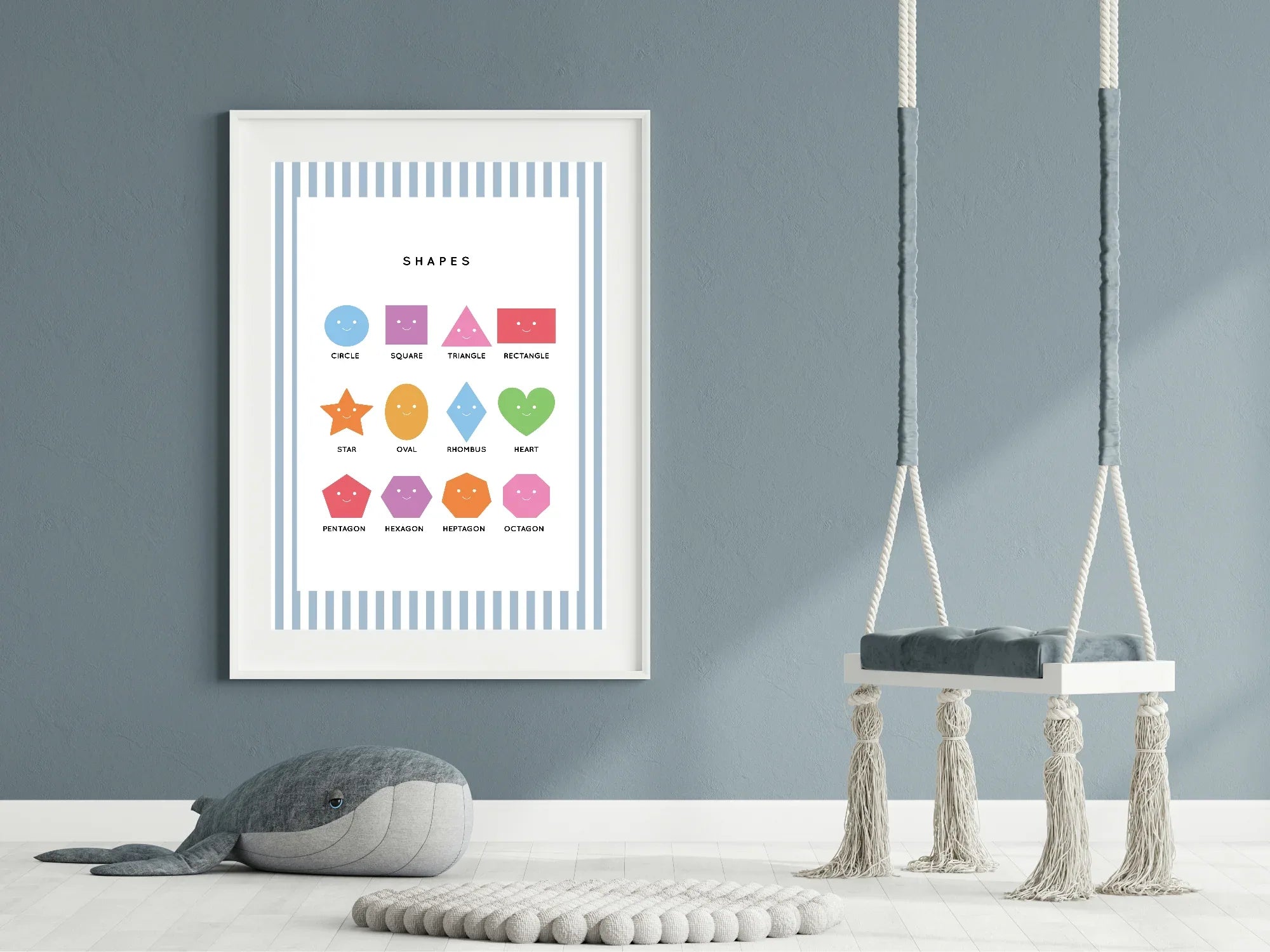 Pastel Stripe Shapes Educational Wall Art Poster | Blue, Pink or Mint ...