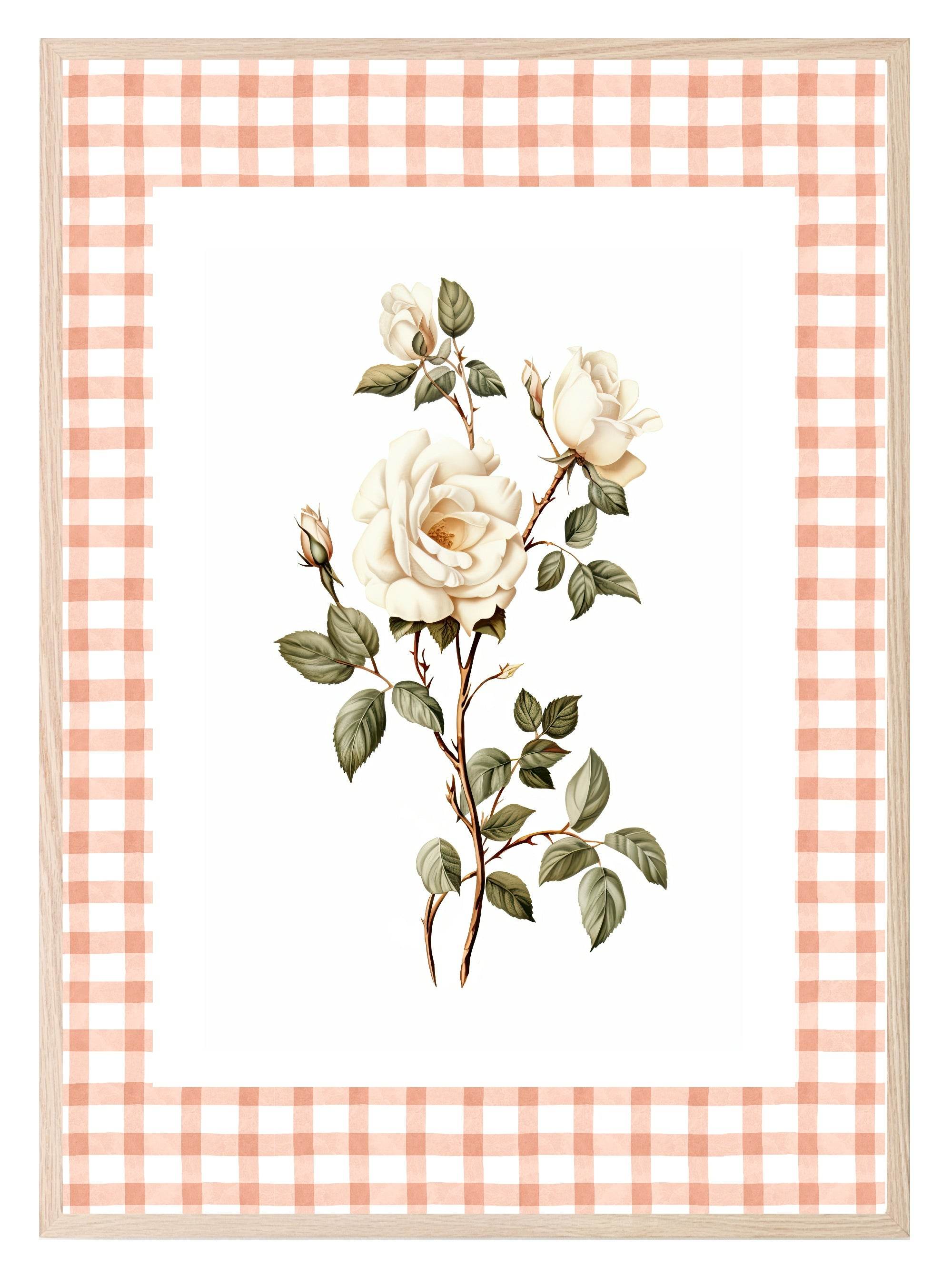 White Roses Print | Checkerboard Pattern | Floral | Vintage Style Wall ...